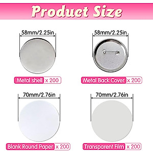 VCEPJH 200 Sets 58mm Button Maker Supplies 2.25 Inch DIY Blank Button Badge Parts Round Button Making Kit includes Metal Pin Back Cover Metal Shells Blank Paper & Clear Film