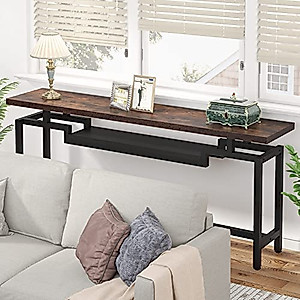 Tribesigns 70 inch Sofa Table, Narrow Long Console Table with 2 Tiers, Industiral TV Console Behind Couch Table with Storage for Entryway, Living Room, Brown & Black