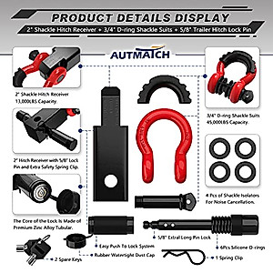 AUTMATCH Shackles 3/4" D Ring Shackle and Shackle Hitch Receiver 2 Inch with 5/8" Trailer Hitch Lock Pin, 45,000 Lbs Break Strength Heavy Duty Receiver Kit for Vehicle, Red