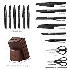OOU! Kitchen Knife Set with Block, 15 Pieces High Carbon Stainless Steel Knife Block Set, Professional Chef Knife Set with Built-in Sharpener, Ergonomic Handle