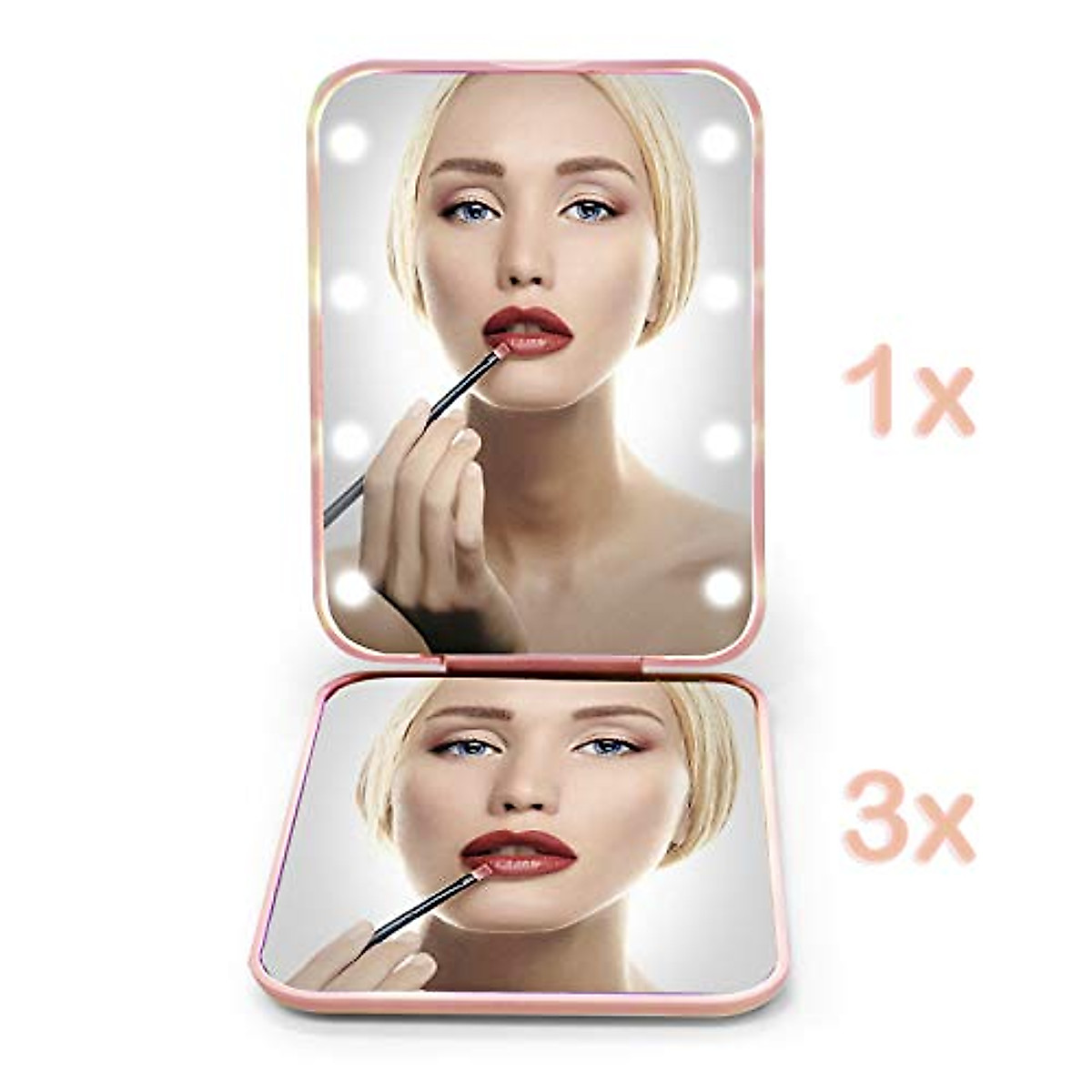 Kintion Pocket Mirror, 1X/3X Magnification LED Compact Travel Makeup Mirror, Compact Mirror with Light, Purse Mirror, 2-Sided, Portable, Folding, Handheld, Small Lighted Compact Mirror for Gift, Pink