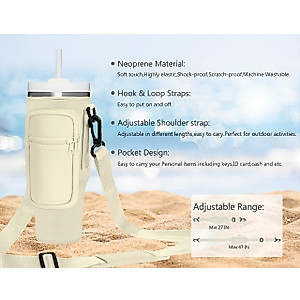 Momocici Cup Holder Carrier Bag with Strap and Pouch for Stanley Quencher 40oz Tumbler. Cup Crossbody Holder Bag Compatible with Stanley Cup for Hiking Travelling Camping.(Cream)