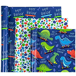 WRAPAHOLIC Birthday Wrapping Paper Roll - Mini Roll - 3 Rolls - 17 Inch X 120 Inch Per Roll - Cute Dinosaurs, Happy Birthday Lettering, Polka Dot for Kid's Birthday, Baby Shower