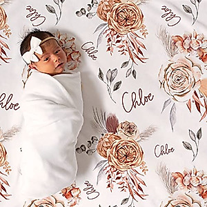 Stork Wares Boho Caramel Floral Personalized Baby Girl Swaddle Blanket, White, 30x40', (BB335)