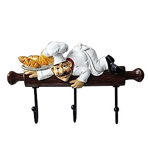 KiaoTime Fat Chef Decor Cute Home Kitchen Restaurant Bakery Decorative Chef with Bread Figurine Wall Hooks Oven Gloves/Hat/Cap/Coat/Apron Wall Mount Rack Hook Hanger