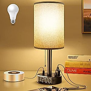 Gray Nightstand Light Lampshade 6ft Plug Extension Cord Dual USB Charging Port AC Outlet, Cylinder Desk Lamp Clock Charger Bedroom Home Dorm School Office Electric Adapter Socket Reading Work Study