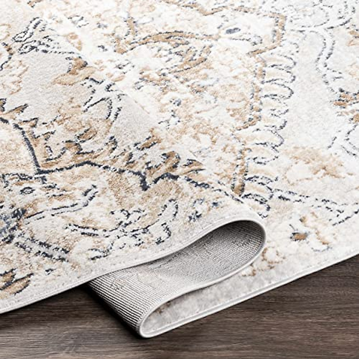 Mudgee Persian Oriental 7'9" x 9'6" Living Room Bedroom Boho Large Area Rug - Bohemian Farmhouse Indoor Carpet - Vintage Distressed Medallion Motif - Soft & Neutral - Tan, Brown, Cream, Beige