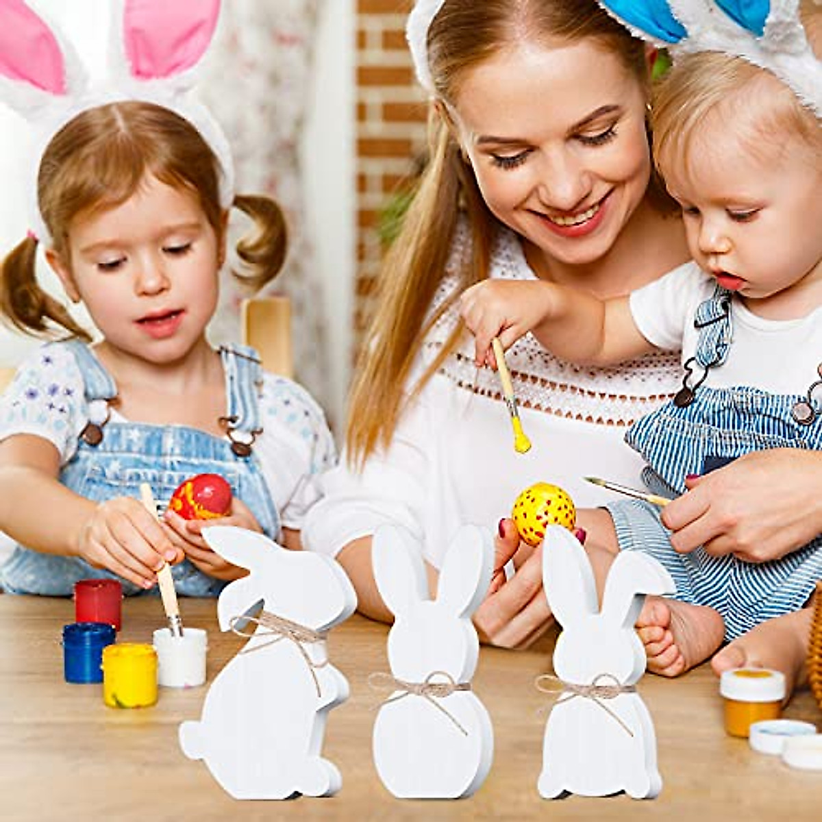 3 Pcs Easter Bunny Table Wooden Signs with Rope Easter Spring Wooden Tiered Tray Decor Rabbit Tabletop Party Centerpiece Signs Spring Decorations for Home Dining Room Desk Office (White)