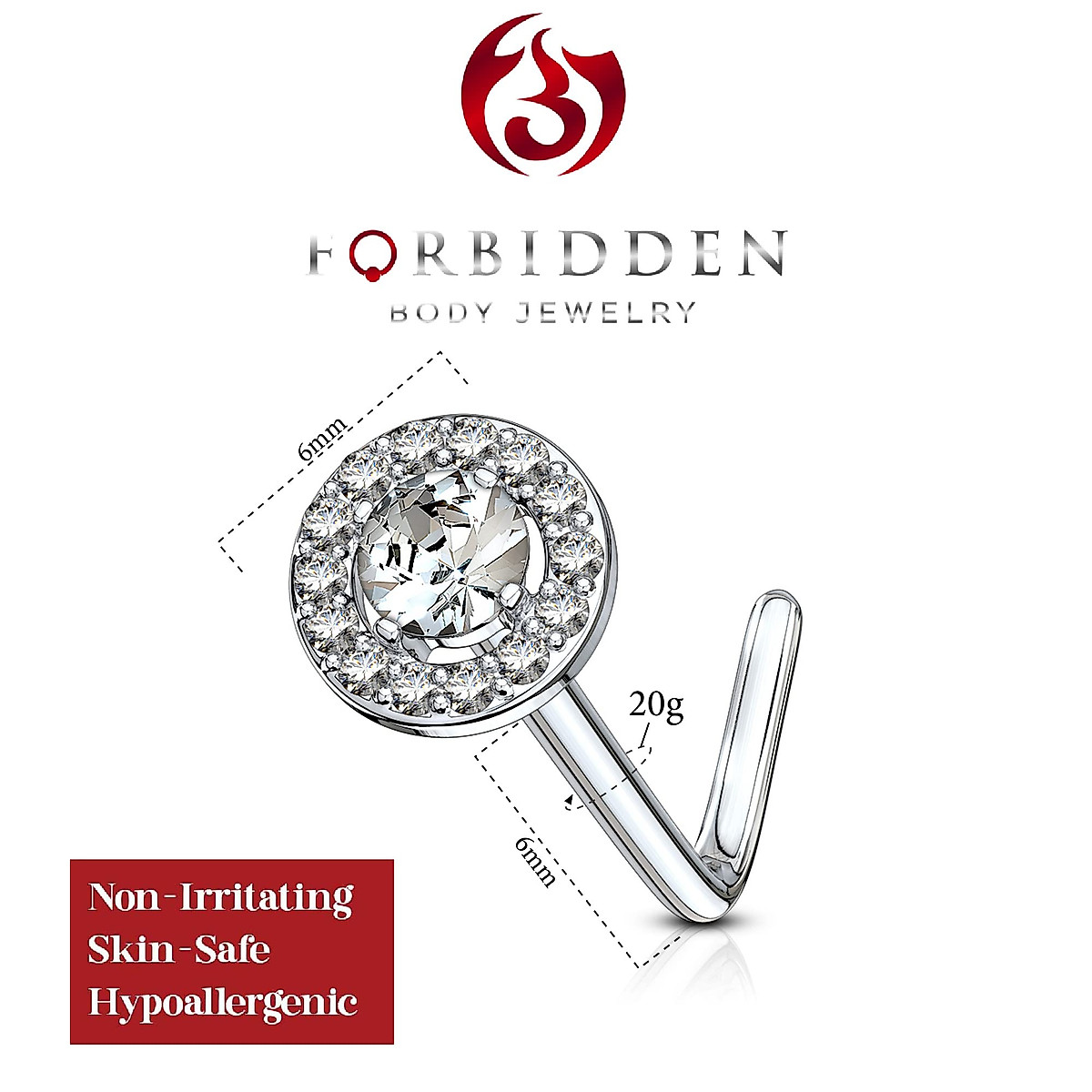 Forbidden Body Jewelry 20g Surgical Steel Fancy Double Tired Big 6mm CZ Halo L Shaped Nose Ring, Clear