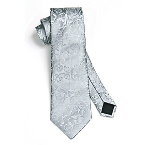 Silver Tie for Men Solid Paisley Floral Grey Mens Ties Handkerchief Set Classic Business Flower Tuxedo Neckties for Wedding Party Tie