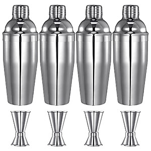 4 Packs Cocktail Shaker Set Martini Shaker Bulk Stainless Steel Martini Mixer with Strainer Drink Shaker with Double Measuring Jigger for Bar Party Home Use Wine Shaker Bar Mixing Tool (25 oz/ 750 ml)