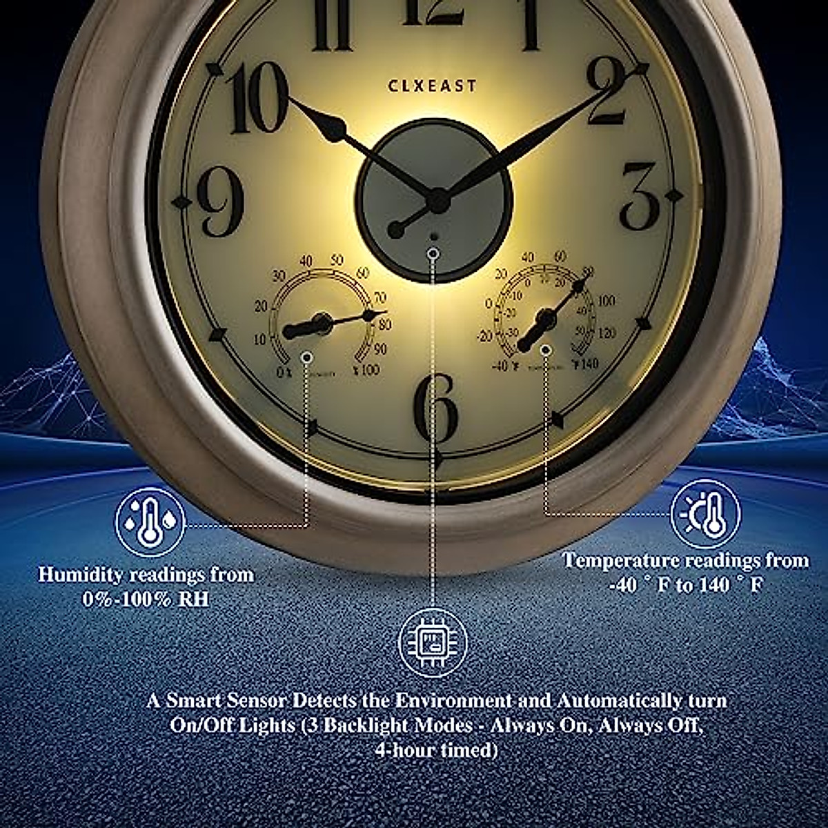 CLXEAST Illuminated Outdoor Clocks Waterproof 18 Inch with Smart Sensor,Large Outdoor Pool Clock with Temperature & Hygrometer,Wall Clock for Living Room Decor,Grey Oak/Faux Barnwood