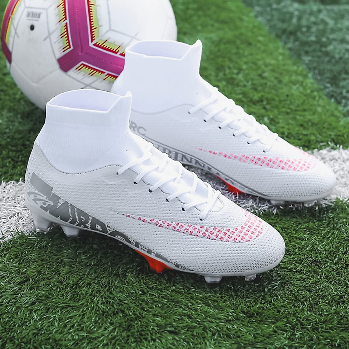 AMZ BSHIDA Indoor TF/FG Firm Ground Soccer Cleats Youth Outdoor Football Competition Training Soccer Shoe for Unisex (10.5, White AG)