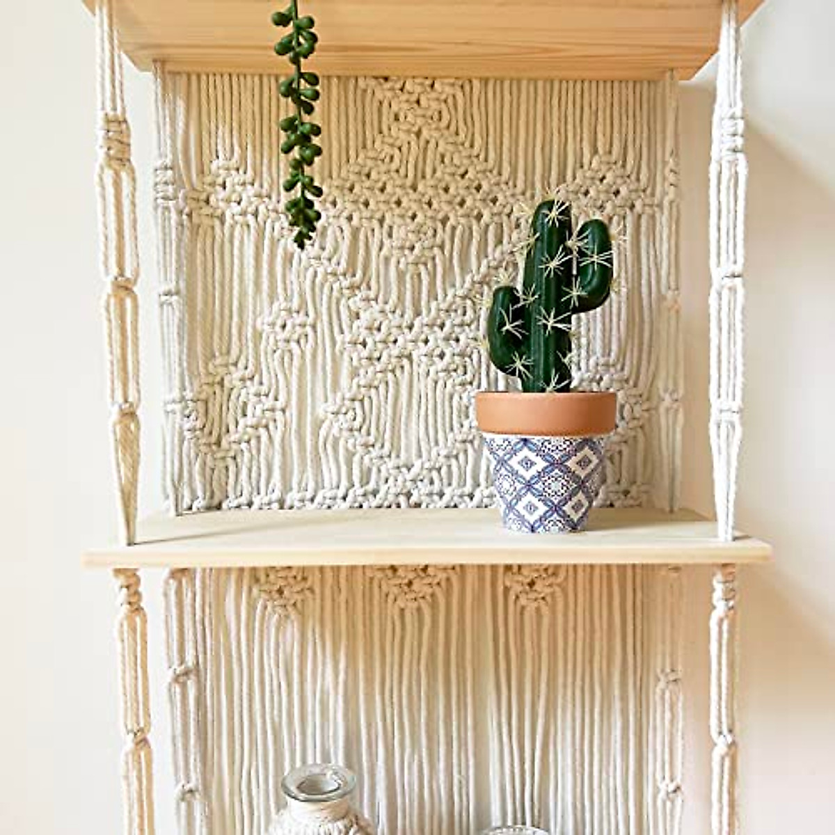 M MANUAL Macrame Wall Hanging Shelf - 3 Tier Wall Shelves Boho Wall Decor Storage Shelf for Bathroom Bedroom Living Room Large Handmade Boho Home Decor Bedroom Living Room Handmade Boho Home Decor