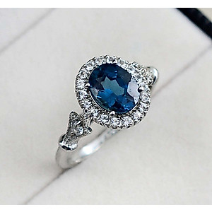 Natural 9X7 MM London Blue Topaz Gemstone Oval Cut 925 Sterling Silver December Birthstone Statement Ring For Engagement Gift (Rhodium Plated Silver, 8.5)
