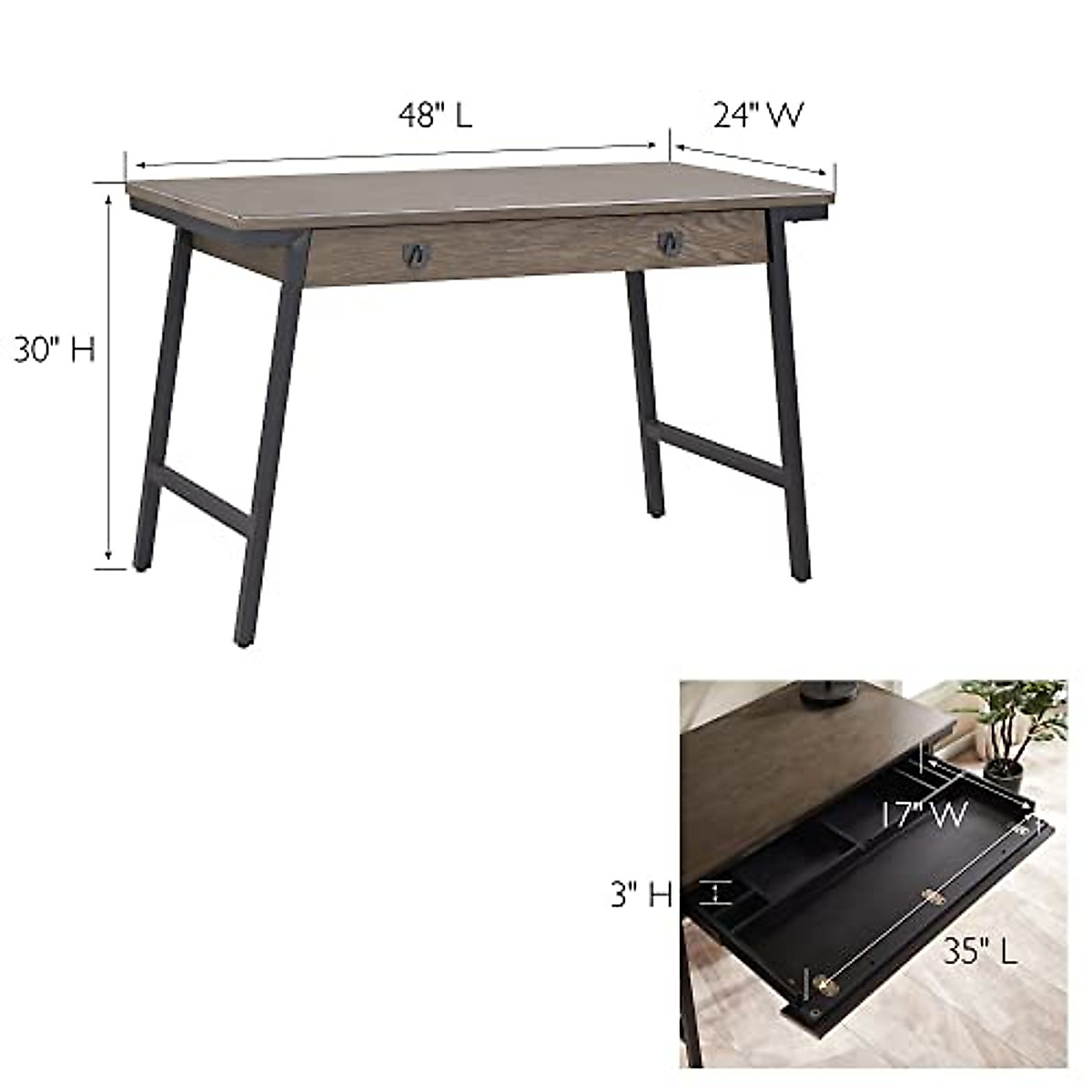 Leick Home 11400-GR Empiria Mixed Metal and Wood Computer Desk with Dropfront Keyboard, 1-drawer, Gray