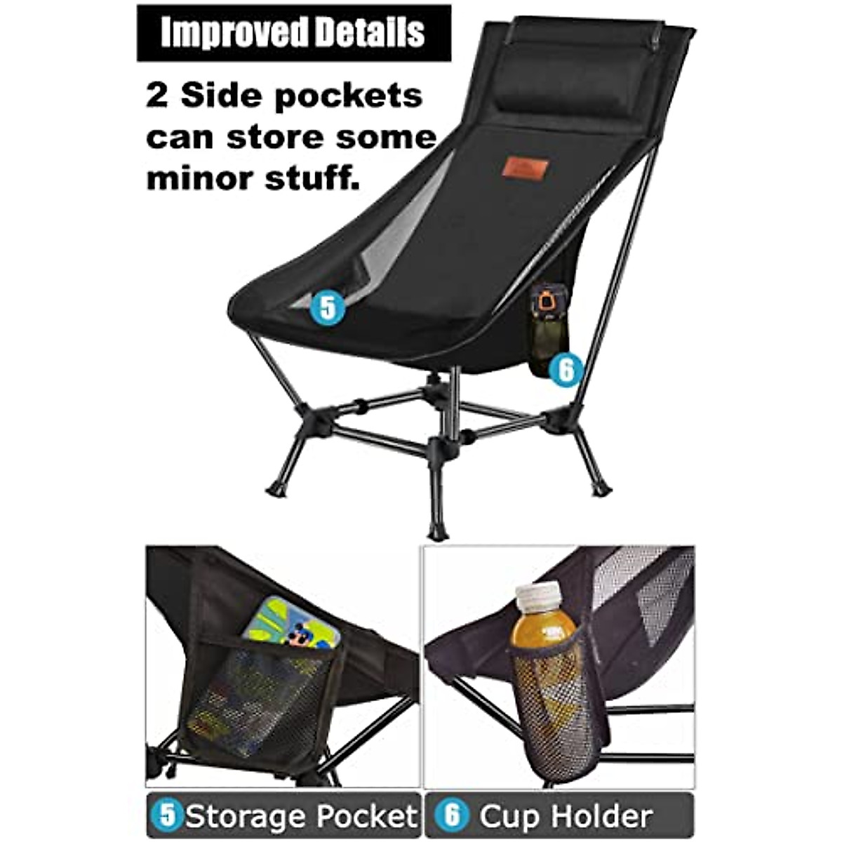 AnYoker Camping Chair, 2 Way Compact Backpacking Chair, Portable Folding Chair, Beach Chair with Side Pocket, Lightweight Hiking Chair 016 (Ink 2 Pack)