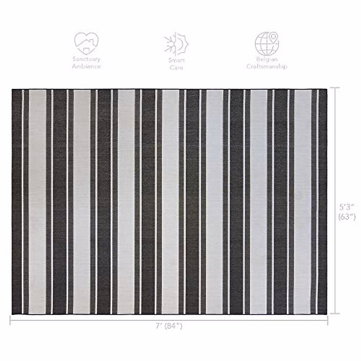 Gertmenian Indoor Outdoor Area Rug, Classic Flatweave, Washable, Stain & UV Resistant Carpet, Deck, Patio, Poolside & Mudroom, 5x7 Ft Standard, Stripes, Black White, 37706