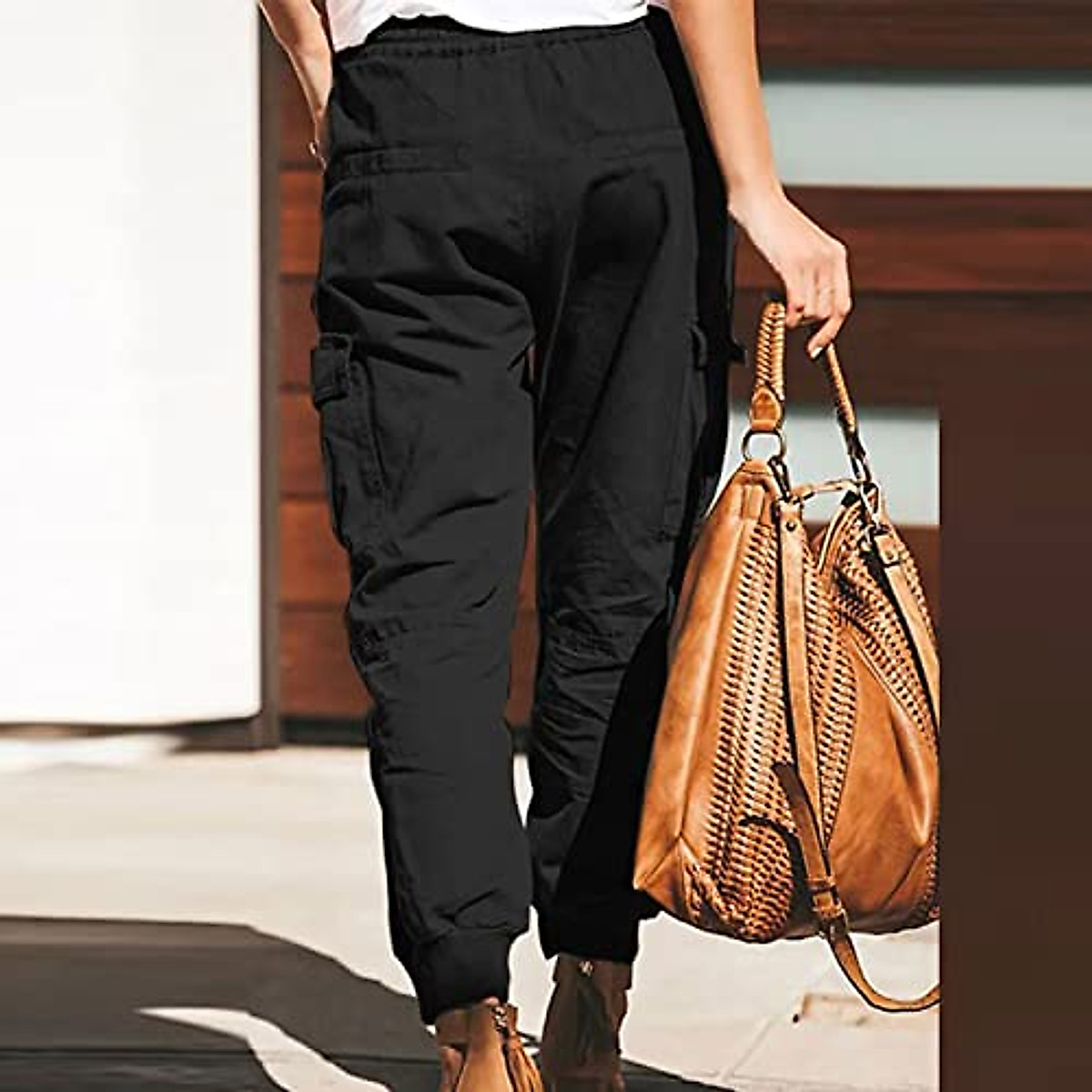 wmjolc Women's Cargo Pants Cotton Casual Joggers Pants Outdoor Combat Work Trousers Drawstring Waist Sweatpants with Pocket Black