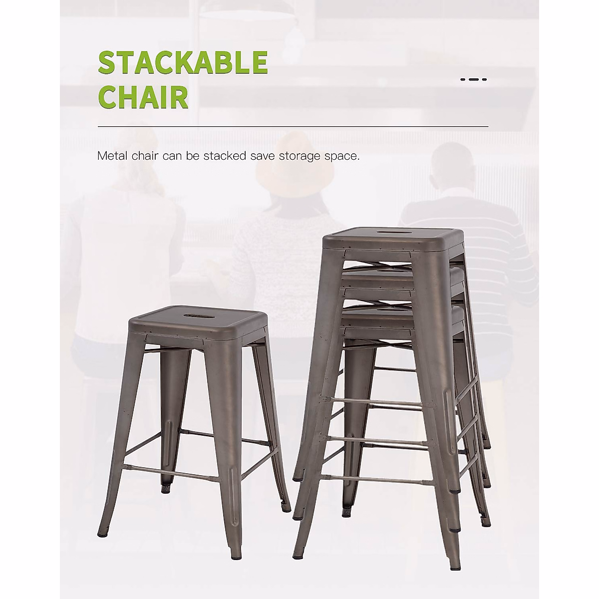 FDW Set of 4 Metal Bar Stools 24 Inches Counter Barstools Indoor/Outdoor Stackable Modern Metal Bar Stools Kitchen Counter Stools Chairs (Gun)