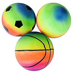 Rainbow Sports Balls - 6 Inch (Pack of 4) Inflatable Vinyl Balls for Kids and Toddlers with Added Hand Air Pump, Neon Basketball, Soccer Ball, and Volleyball for Playground, Indoor and Outdoor Use
