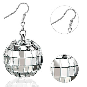 Hicarer Disco Mirror Ball Earrings 60's or 70's Dance Party Silver Costume Accessories for Women and Girls 2024 New Year Party(5 Pairs)
