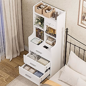 YESHOMY Nightstand with Charging Station and USB Ports, 47" Tall End Table with Adjustable Bookshelf, 3 Drawers with Storage Cabinet for Home Bedroom, Livingroom, White
