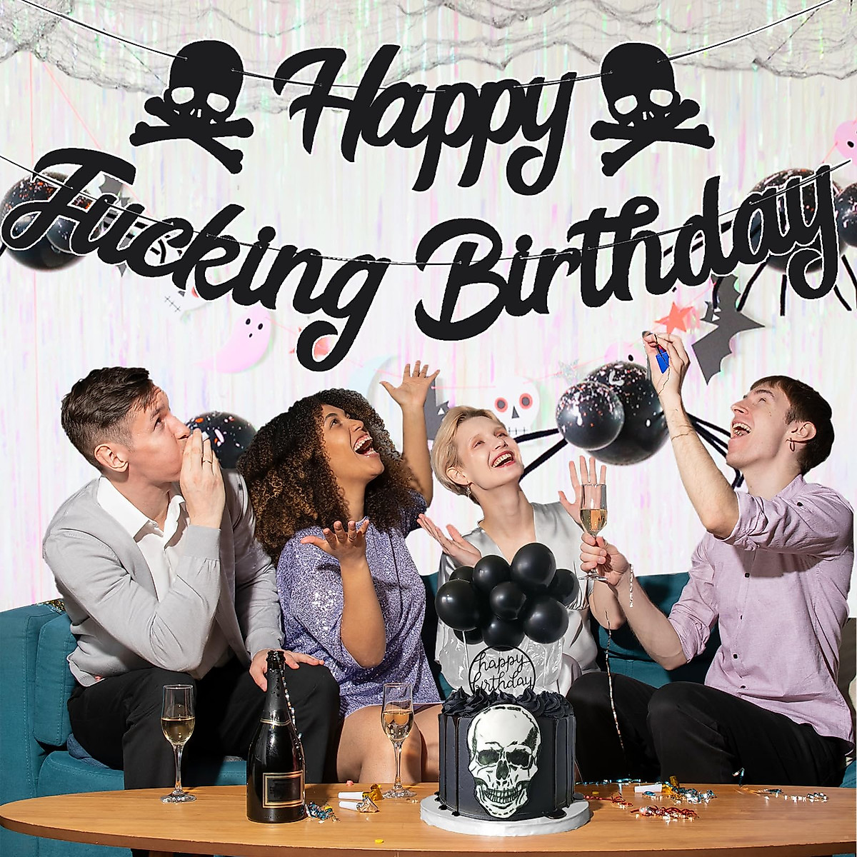 Gothic Birthday Decorations Funny Happy Birthday Banner Black Bunting Banner Skull Sign Theme Party Decor Adult Birthday for Decorations Supplies