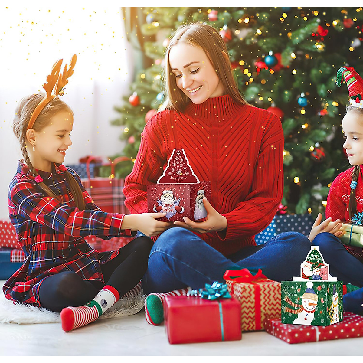 2PCS Christmas Surprise Money Box for Cash Gift, Merry Christmas Money Gift Box with Card and Cash Holder for Kids Adults, DIY Fun Holiday Cash Box, Includes 100Pcs Transparent Bags（Red, Green