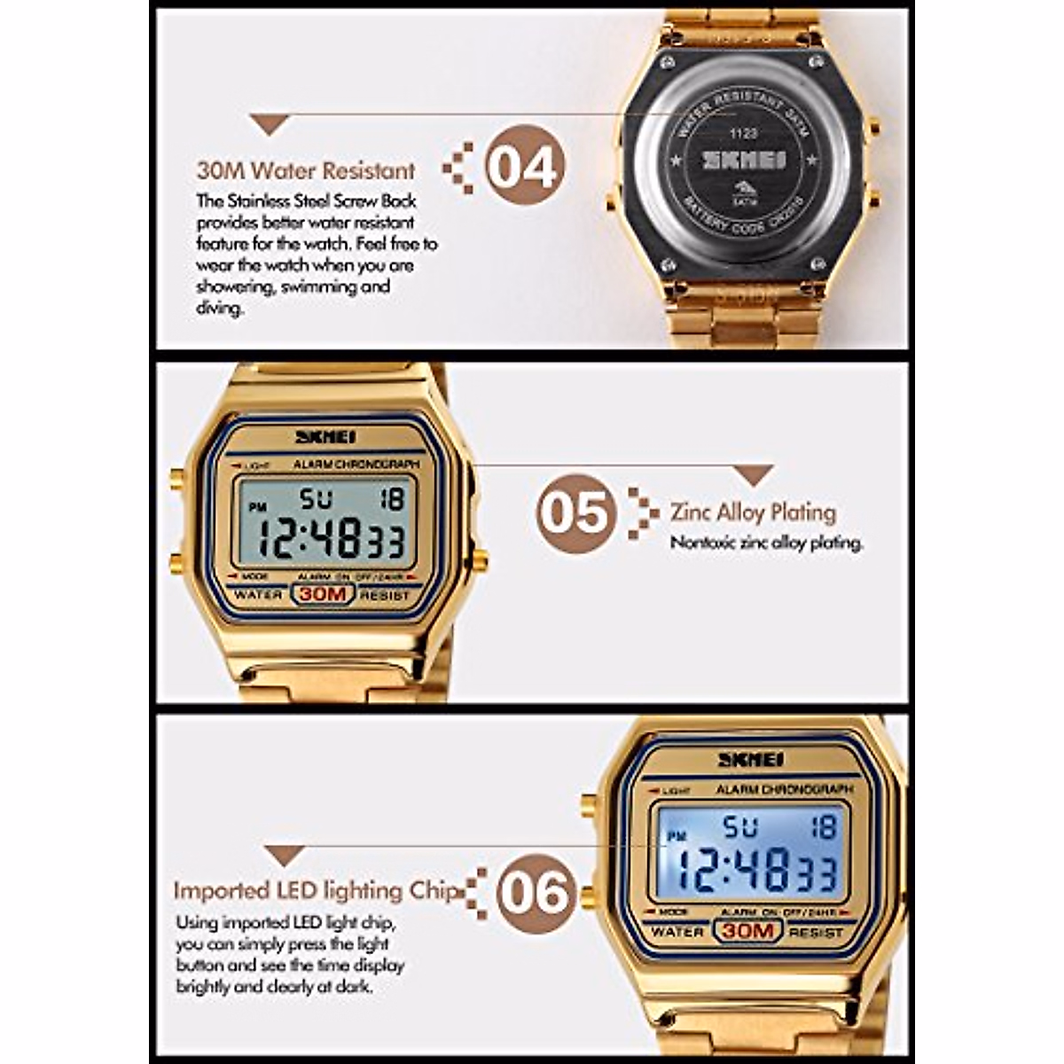 VIGOROSO Men Lady Vintage Retro Gold Stainless Steel Digital Casual Watch Alarm Stopwatch(Gold)