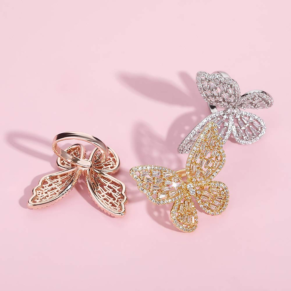 Gold Adjustable Butterfly Rings for Women Cubic Zirconia Ring Jewelry (Gold)