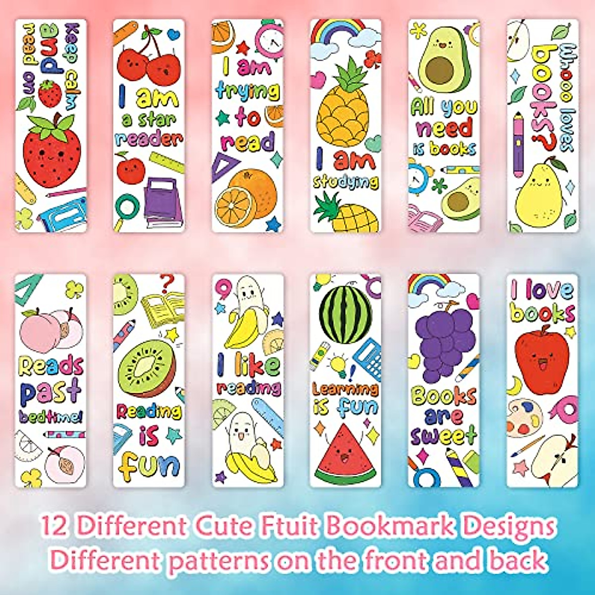 Anseal 60 PCS Color Your Own Bookmarks Bulk, 12 Styles DIY Bookmarks for Kids/Teens, Cute Fruit Bookmarks for Reading Lover, Fun & Personalized Bookmark for Students, Classroom Rewards Supplies