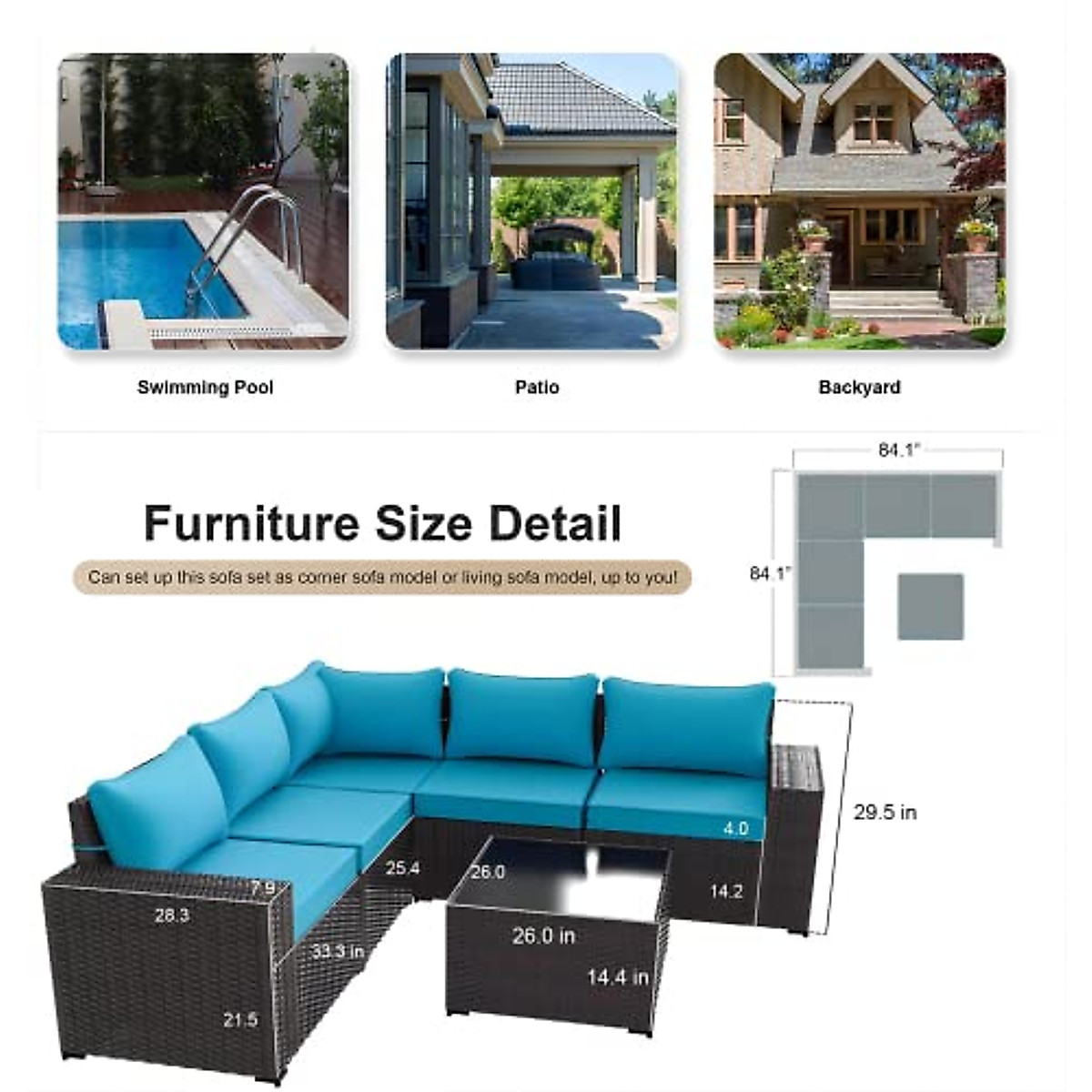 Grezone 6 Pieces Patio Outdoor Furniture Sets All Weather Wicker Sectional Sofa Couch Lawn Sectional Furniture with Washable Couch Cushions and Black-Glass Table (Blue)