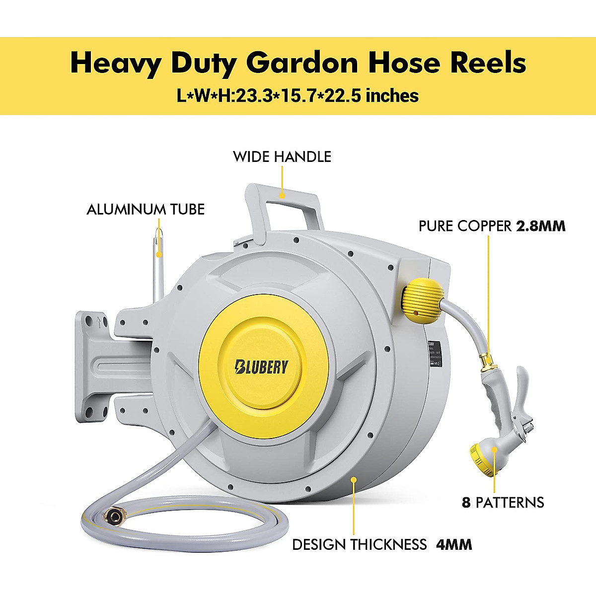BLUBERY 5/8" x 100+6.7ft Retractable Garden Hose Reel with Slow Return System, Heavy-Duty Wall-Mounted 39.3LB, 10" Handle, 180° Swivel Bracket, Any Length Lock
