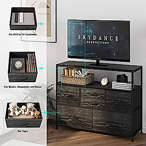 Simoretus TV Stand with Power Outlet and Fabric Drawers Entertainment Center for TV up to 45 inch Industrial Open Storage Shelf Media Console Dresser for Living Room Bedroom Charcoal Black