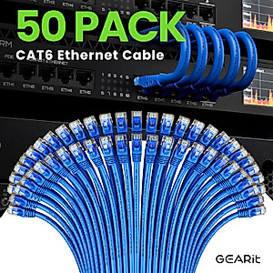 GearIT Cat 6 Ethernet Cable (50-Pack 1 Foot) Cat6 Network Patch, 10Gbps, RJ45, Snagless Cord, Gold-Plated Connectors, Internet for PC, TV, Tablet, Router, Printer, Servers, IT Data Center - Blue