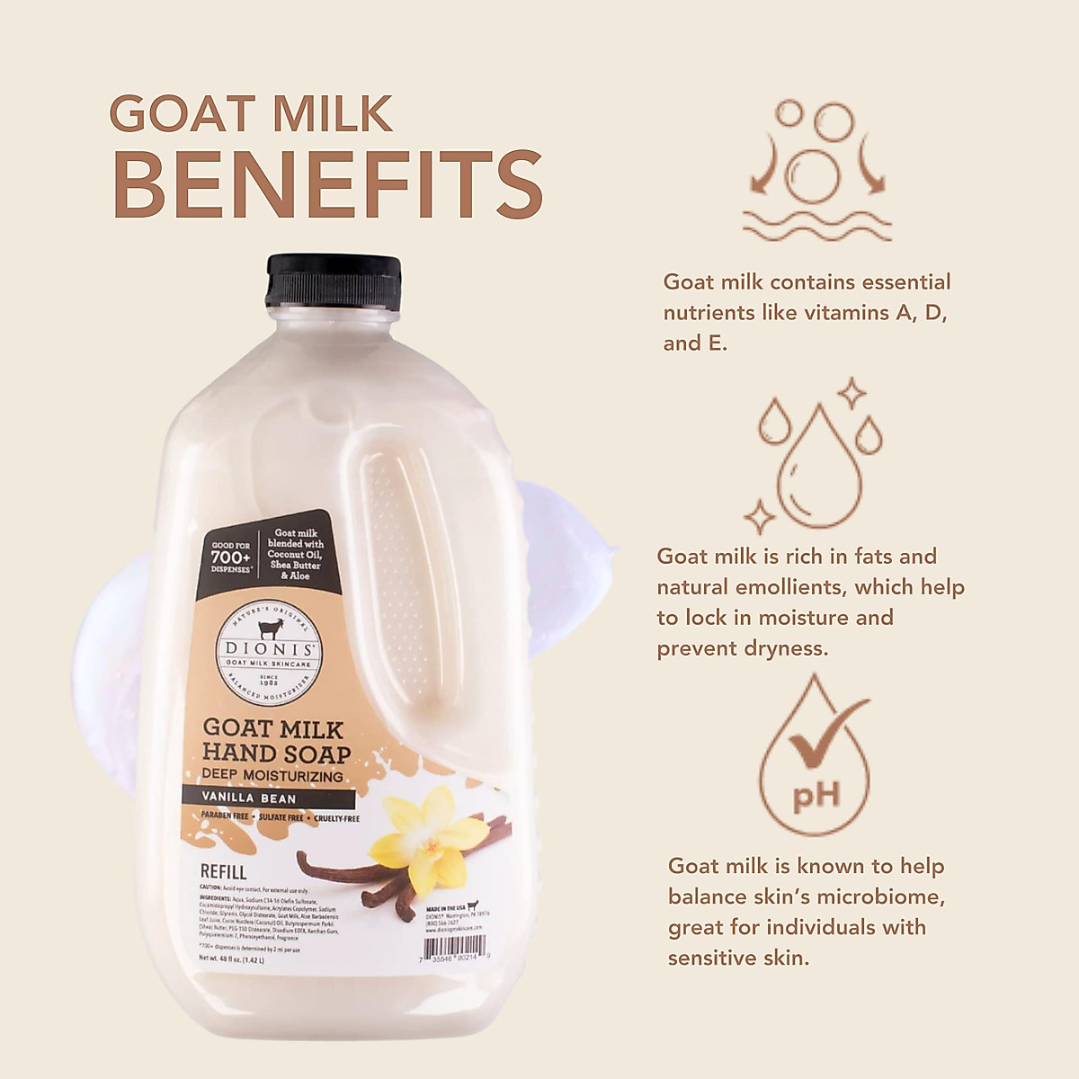 Dionis Goat Milk Skincare Deep Moisturizing Hand Soap Refill - Concentrated Hand Moisturizing Formula Blended With Shea Butter, Aloe Vera & Coconut Oil - Made In The USA - Vanilla Bean, 48 Oz Bottle