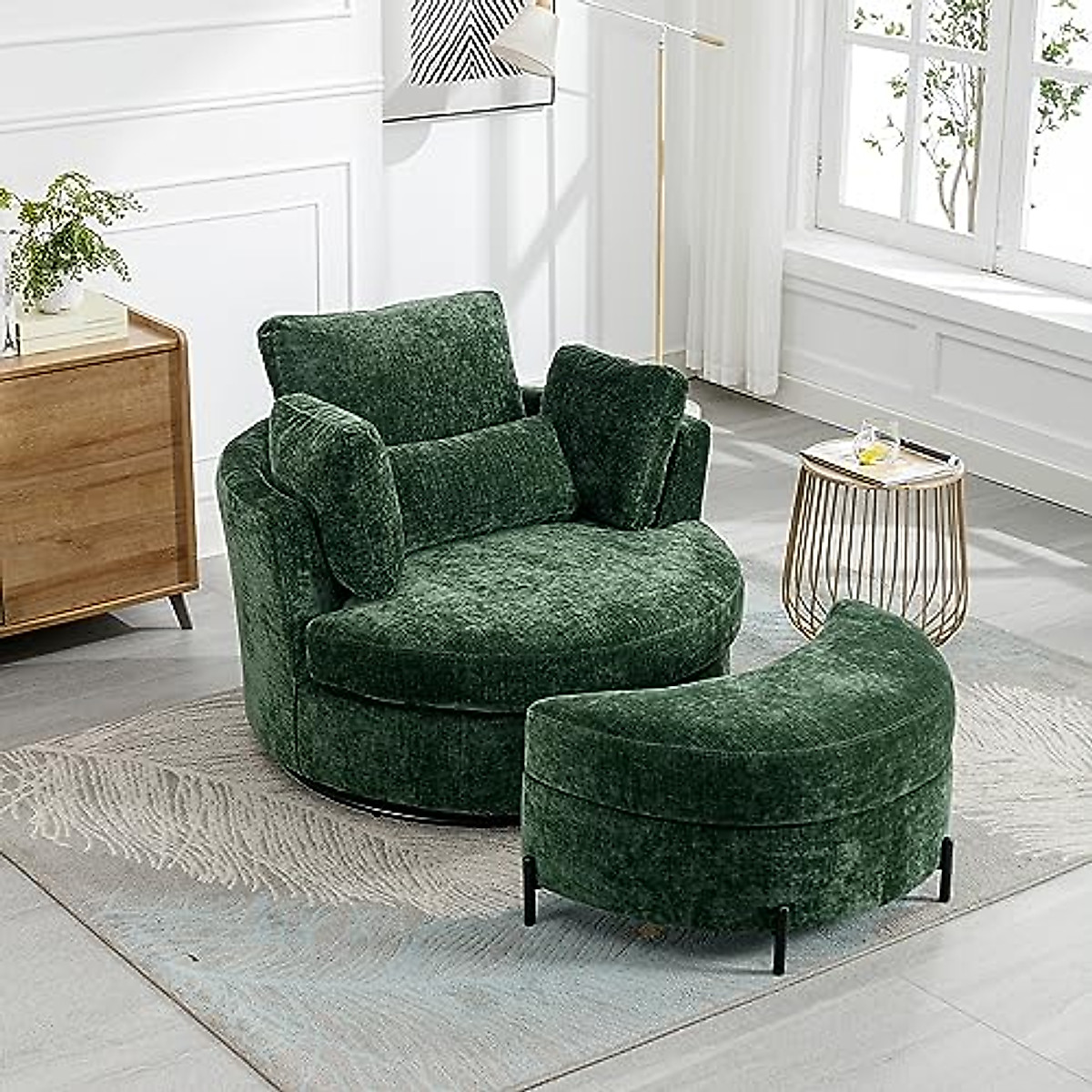 360° Swivel Accent Barrel Chair and Half Crescent Moon Storage Bench Large Ottoman with 4 Pillows,Upholstered Oversized Leisure Round Loveseat Recliner Sofa Chaise Lounge Circle Armchair for Club