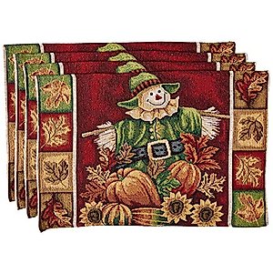 Violet Linen Fall Harvest Thanksgiving Autumn Leaves Sunflowers Fruits Pumpkins Tapestry Pattern, Polyester Cotton Woven Tapestry, Scarecrow, 13 X 19, Rectangler Set of 4, Decorative Place Mats