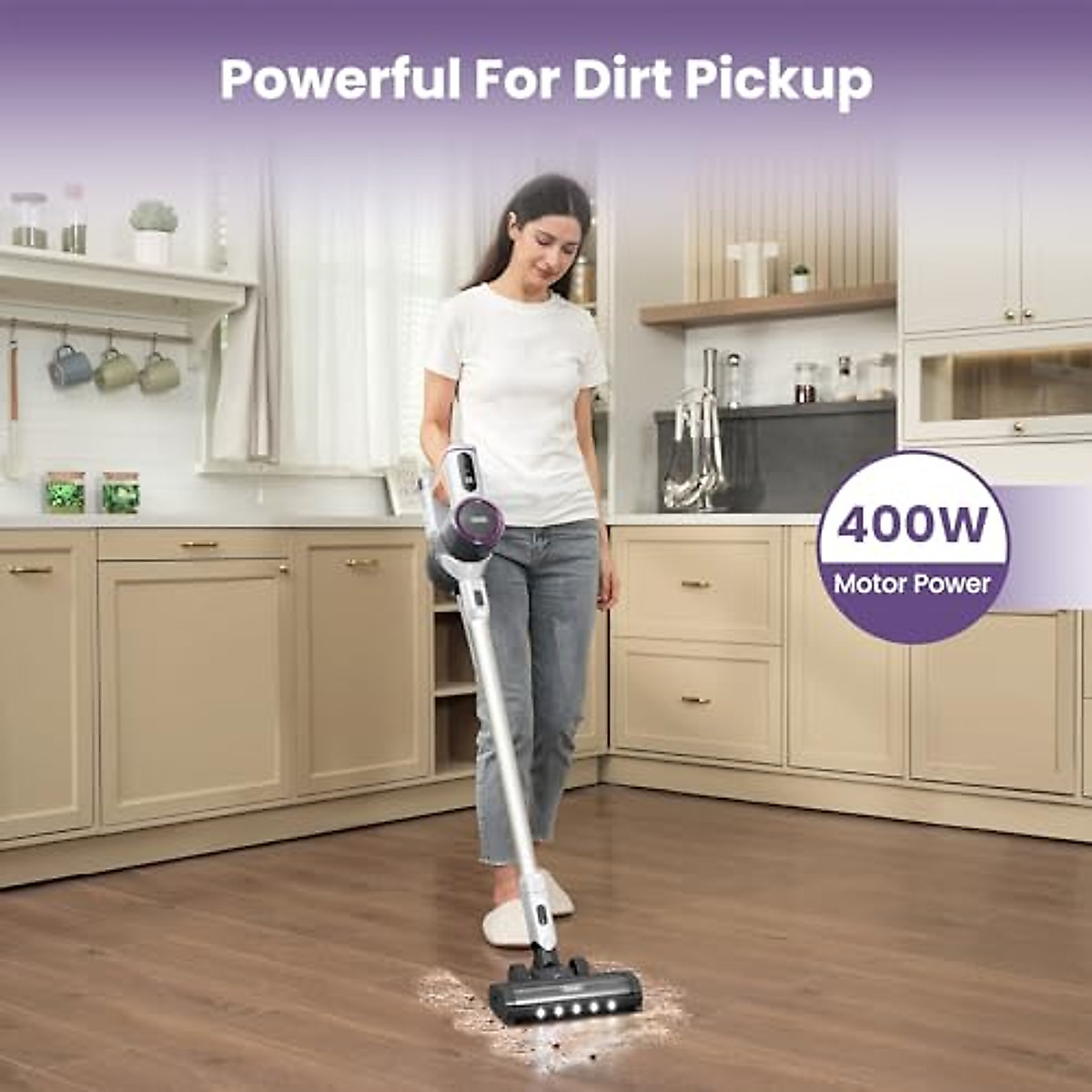 Cordless Vacuum Cleaner for Home | 400W Powerful Stick Vacuum | Long Runtime Detachable Battery | LED Display | Deep Clean for Hard Floor Carpet (White-Purple)
