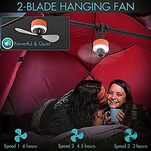 Portable Camping Ceiling Fan with Lights and Remote, 8000mAh Rechargeable Battery Powered Fan with 3 Speeds, Small Tent Fan with Flexible Tripod, USB Outdoor Fan for RV Gazebo Travel Patio Umbrella