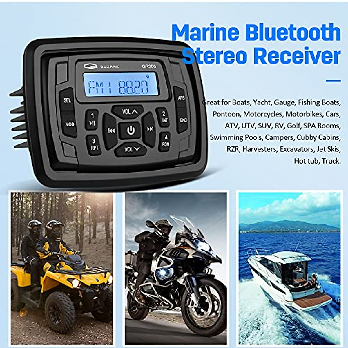 GUZARE Boats Marine Radio Bluetooth and Speakers Audio System Package - Waterproof Marine Stereo Receiver+ 1 Pari 4 inches Black Speakers + Antenna for Boats ATV UTV Motorcycle 306.301B.056B