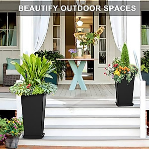 Elevens Tall Planters 20 Inch Tapered Square Planters Garden Flower Pots,Indoor/Outdoor Planter with Tray, Large Planter for Patio Black-2 Pack