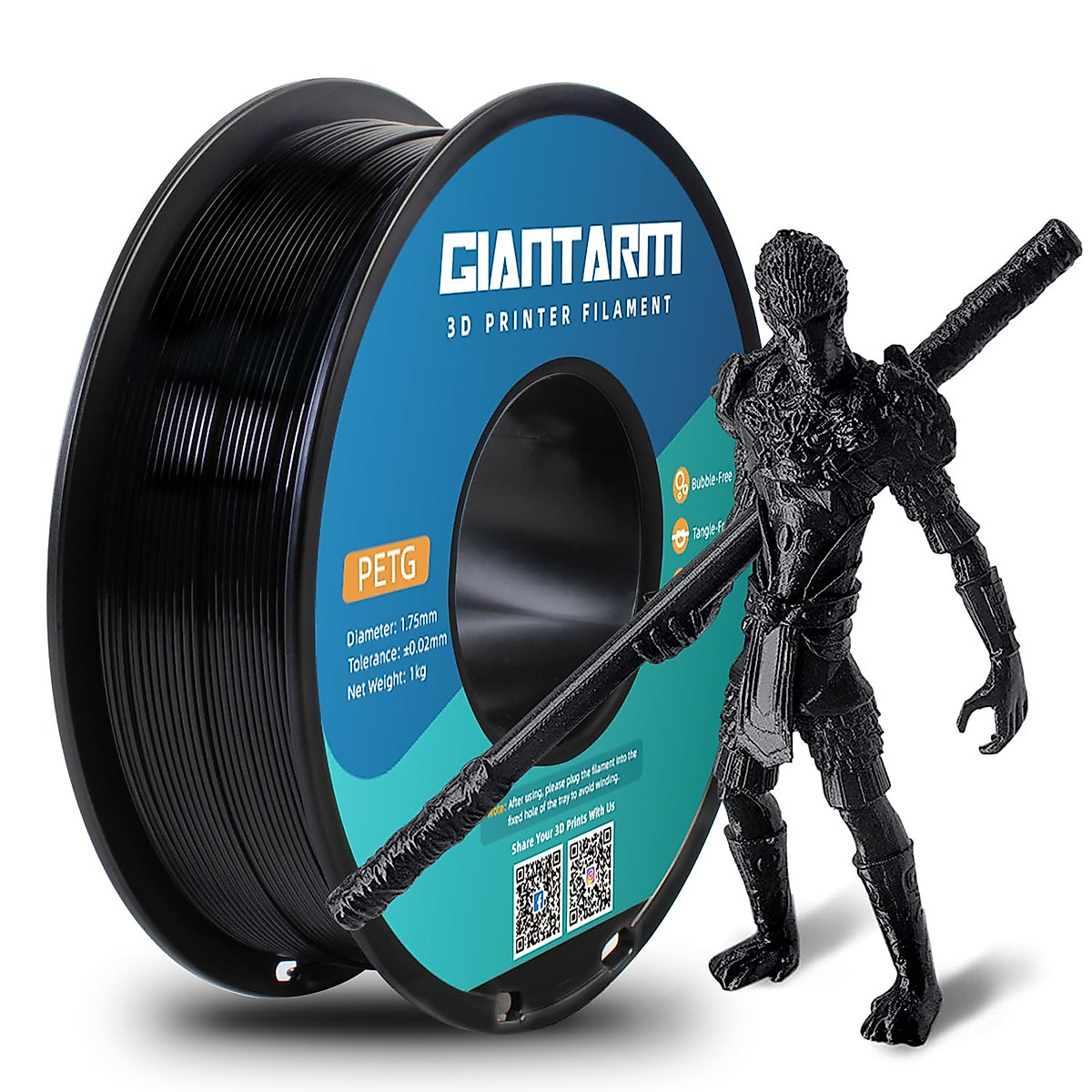 GIANTARM Black PETG 3D Printer Filament Toughness Enhanced 1kg (2.2lbs), 1.75mm Dimensional Accuracy +/-0.03mm, 1080 Feet（330m)/Roll, Vacuum Package, Fit for Most 3D FDM Printer