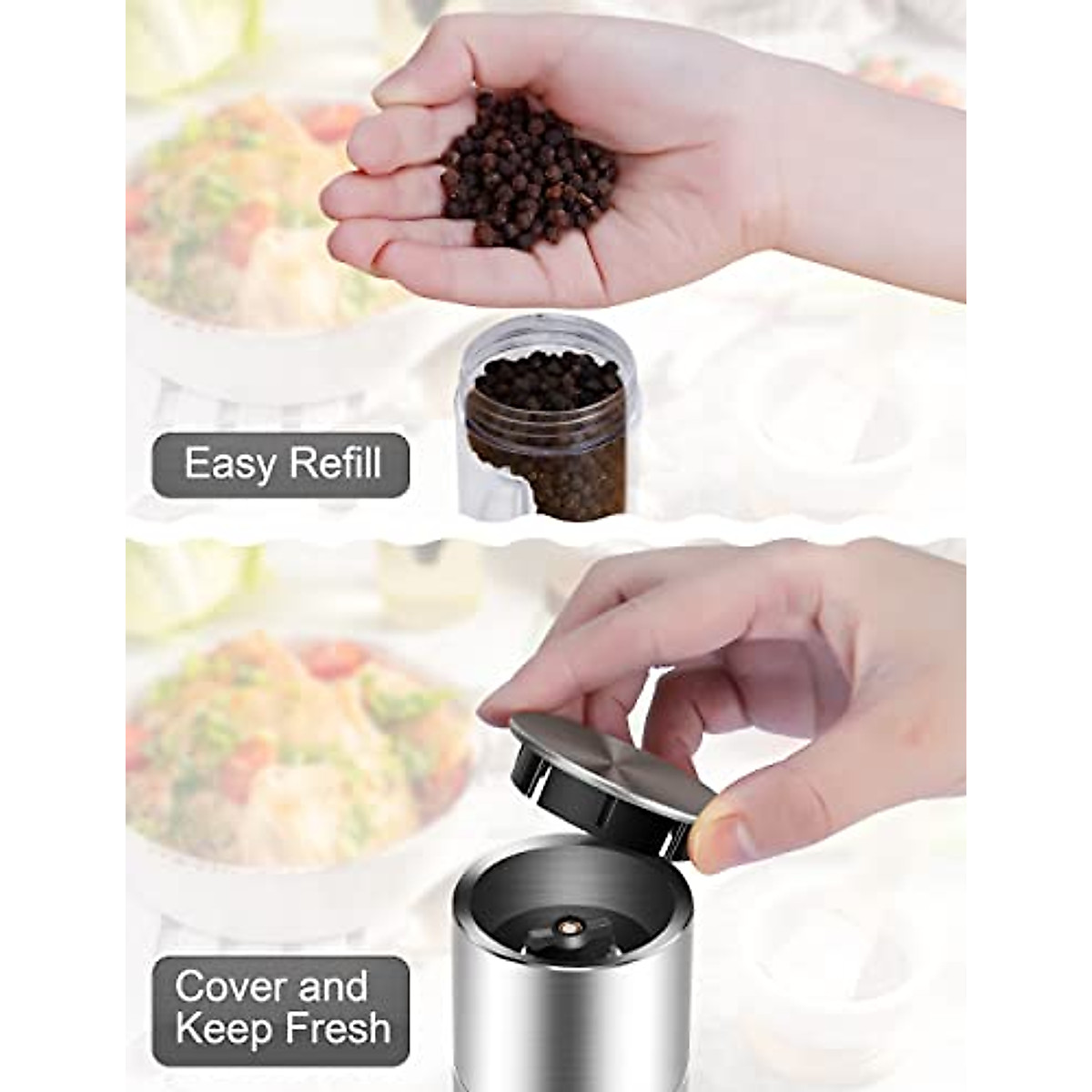 Gulex® Salt and Pepper Grinder Set, 2 in 1 Salt Mill and Pepper Mill with 5 Level Adjustable Coarseness, Stainless Steel Salt and Pepper Grinder Refillable for Kitchen (2 in 1)