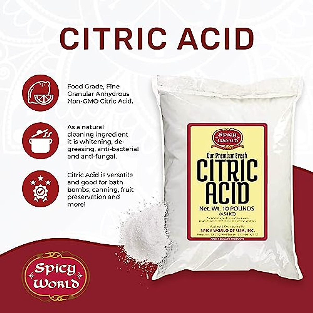Spicy World Pure Citric Acid, 10 Pound - Food Grade & Non-GMO- Natural Food Preservative, Beauty Ingredient