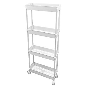 4 Tier Kitchen Bathroom Storage Rolling Cart 39 Inches Tall Slim Utility Rolling Shelf Cart with 4 Universal Wheels Coner Storage Shelves Cart White