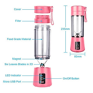 Portable Blender, YKSINX Smoothie Juicer Cup, Personal Mini Blender Shakes and Smoothies 13oz 2000mAh Rechargeable Home Travel Handheld Fruit Juicer (Pink)
