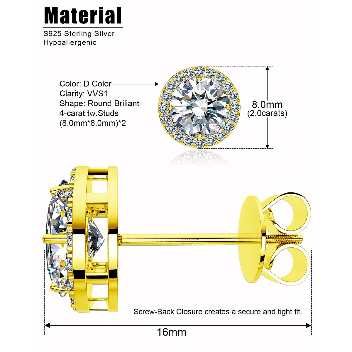 S925 Sterling Silver Moissanite Diamond Stud Earrings For Women Men, 0.5ct- 2ct D Color Vvs1 Clarity Moissanite Stud Earrings For Men Women Hypoallergenic ,4ct/Pair（2ct*2 ）, Moissanite