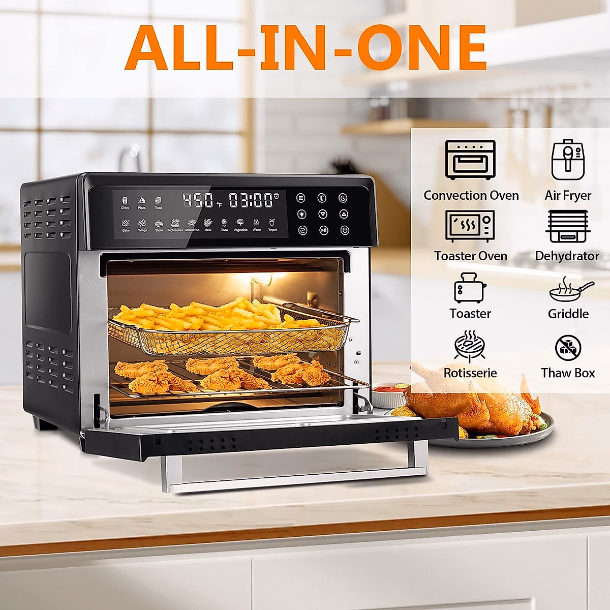 CUSIMAX Air Fryer Oven, 13-in-1 Convection Oven, 24QT Air Fryer Combo, Countertop Air Fryer Toaster Oven with Rotisserie & Dehydrator, Rich Accessories (Black Touch Screen)